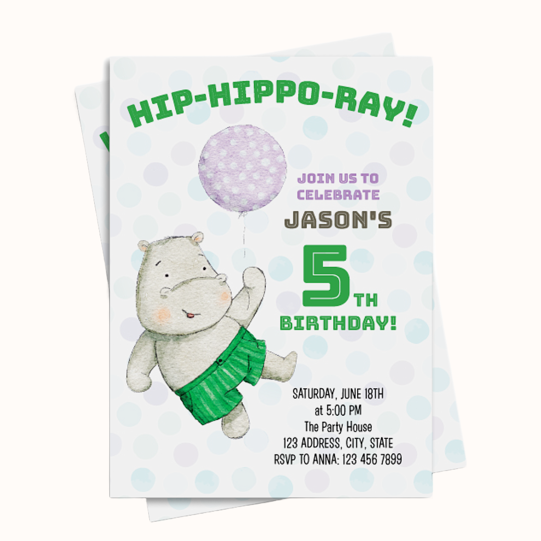 Hip Hippo-ray Kids Birthday Invitation printable and evite – Vinky Doodles
